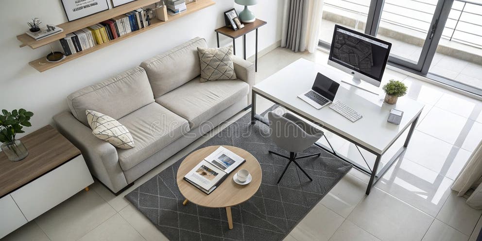Overhead View of Modern Living Room with Computer Desk and Sofa Stock ...