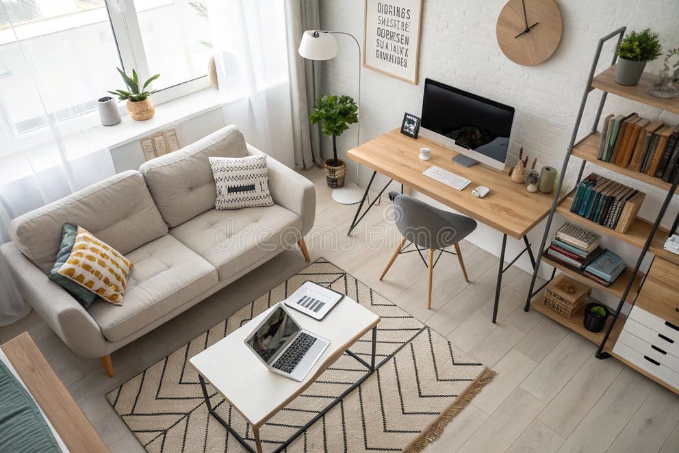 Overhead View of Modern Living Room with Computer Desk and Sofa Stock ...