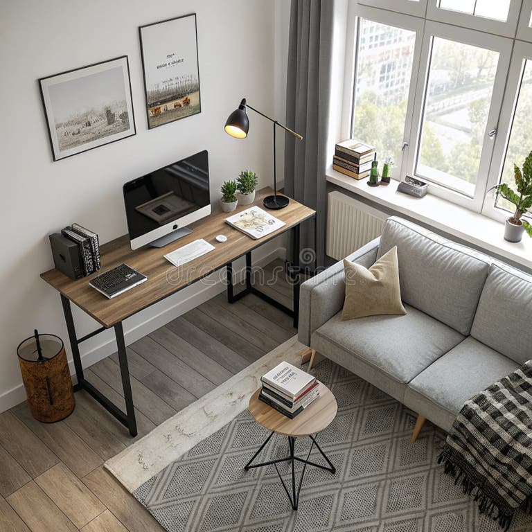 Overhead View of Modern Living Room with Computer Desk and Sofa Stock ...