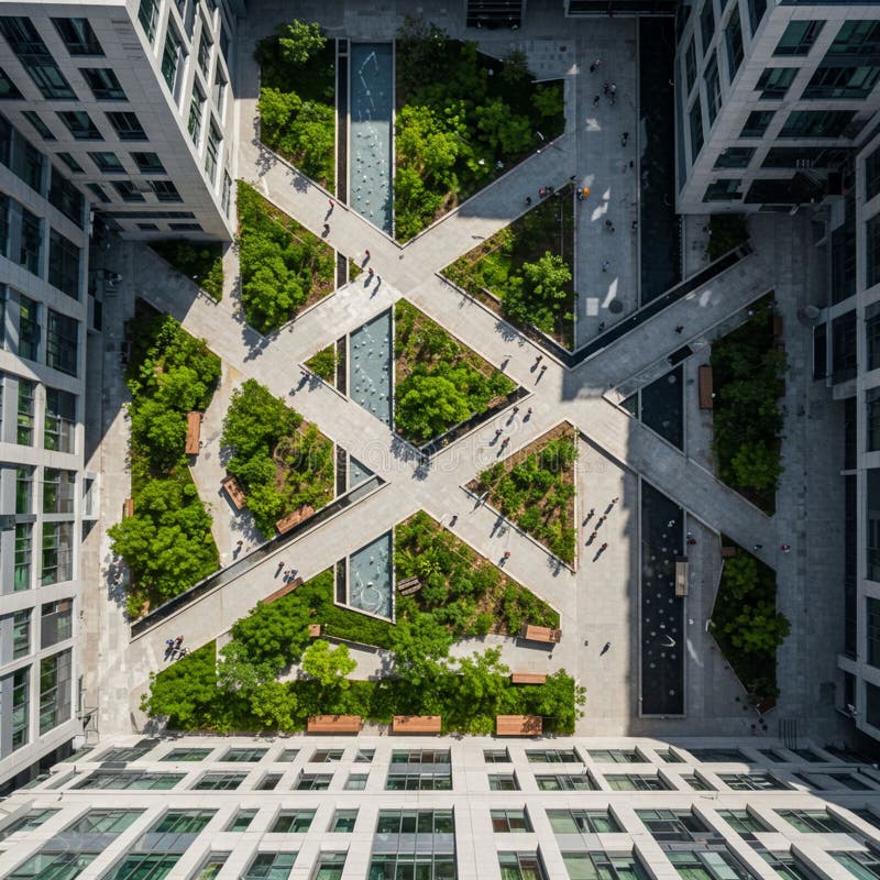 Overhead View of a Modern Urban Courtyard with Intersecting Diagonal ...