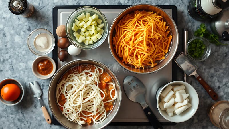 An Overhead View of a Multi Step Recipe Being Prepared on a Kitchen ...