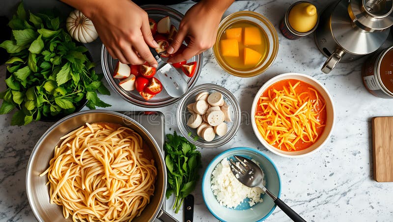 An Overhead View of a Multi Step Recipe Being Prepared on a Kitchen ...