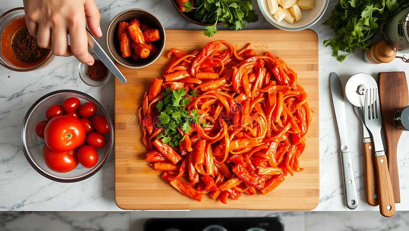 An Overhead View of a Multi Step Recipe Being Prepared on a Kitchen ...