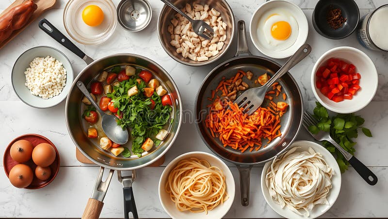 An Overhead View of a Multi Step Recipe Being Prepared on a Kitchen ...