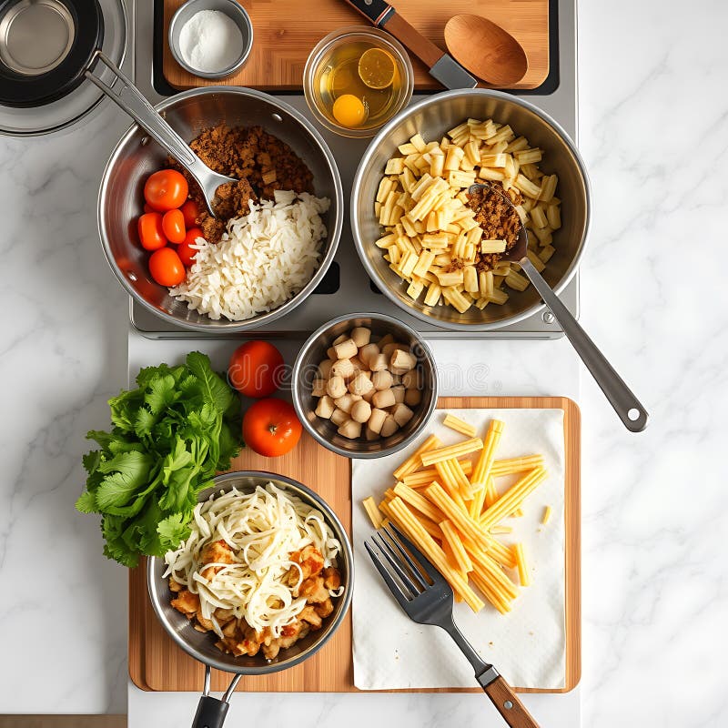 An Overhead View of a Multi Step Recipe Being Prepared on a Kitchen ...