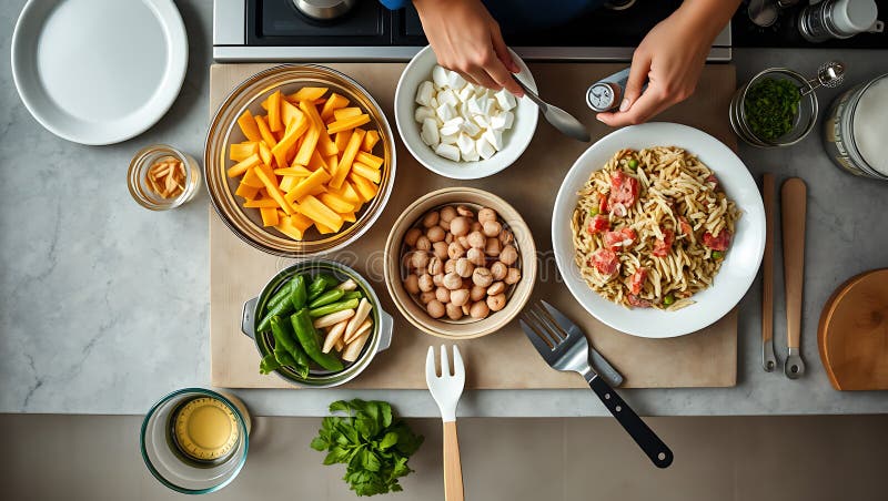 An Overhead View of a Multi Step Recipe Being Prepared on a Kitchen ...