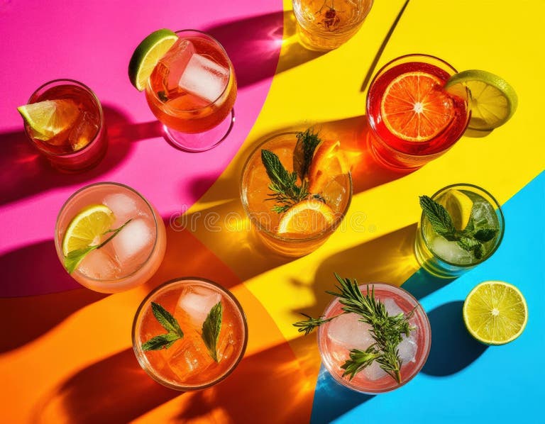 Overhead View of Multiple Cocktail Glasses on a Multicolored Surface ...
