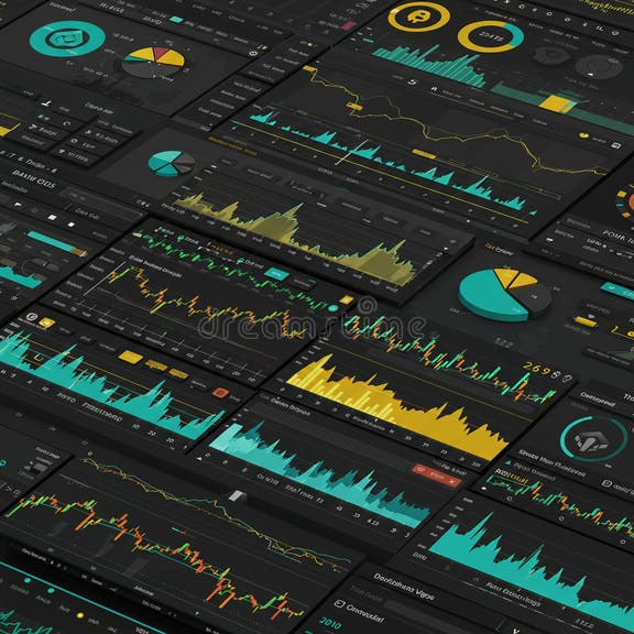 Overhead View of Multiple Digital Dashboards Displaying Complex Data ...