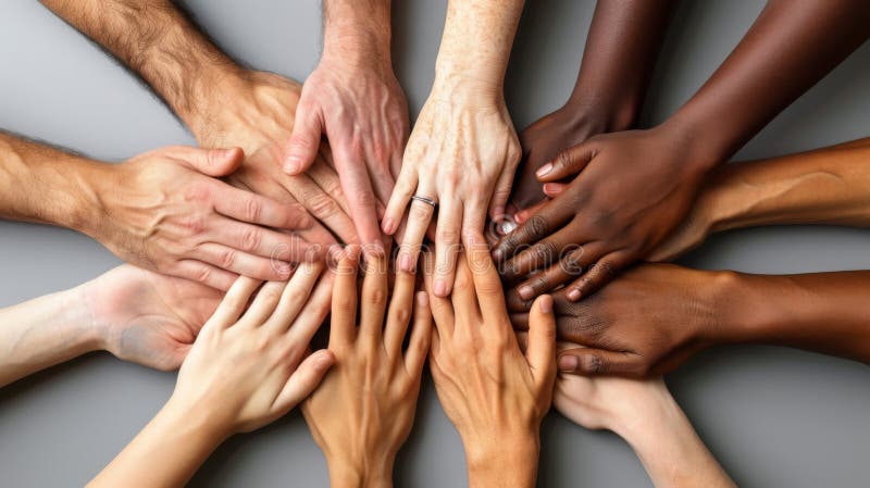 Overhead View of Multiple Hands of Diverse Skin Tones Coming Together ...