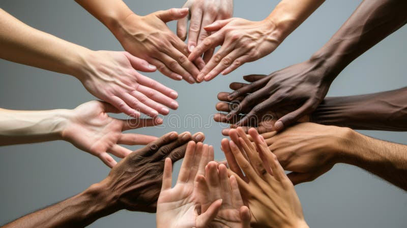 Overhead View of Multiple Hands of Diverse Skin Tones Coming Together ...