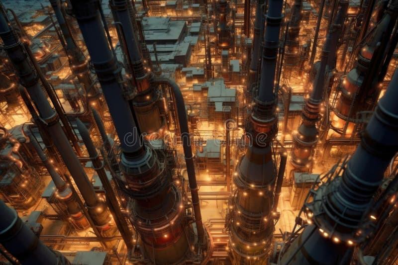 Overhead View of Multiple Refinery Towers with Smokestacks Stock Image ...