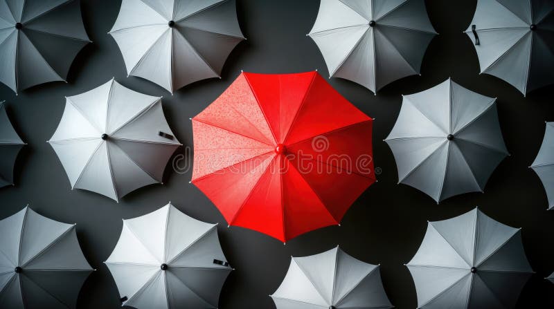 An Overhead View of Multiple Umbrellas, with One Central Red Stock ...