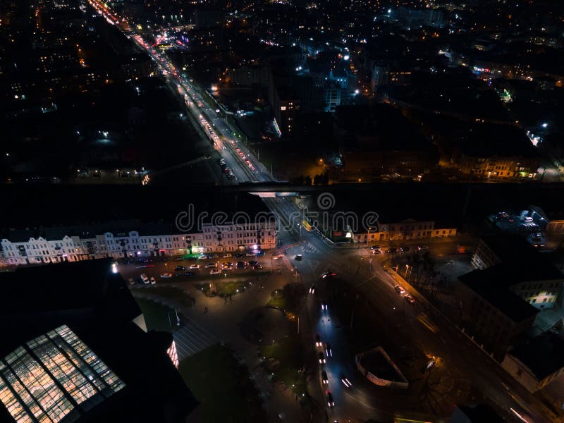 Overhead View of Night Lviv City Street Stock Photo - Image of dusk ...