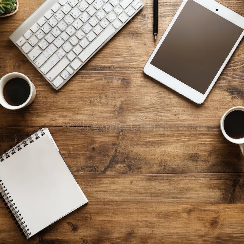 Overhead View of Office Desk Setup with Tablet and Notebook Stock Image ...