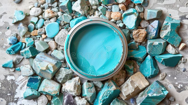 Overhead View of an Open Paint Can with Bright Turquoise Paint ...