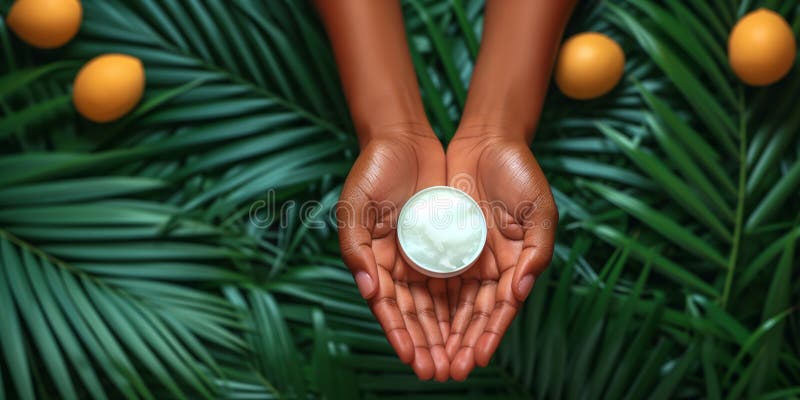 Natural Skin Care Concept With Cream On Palms And Green Leaves Stock
