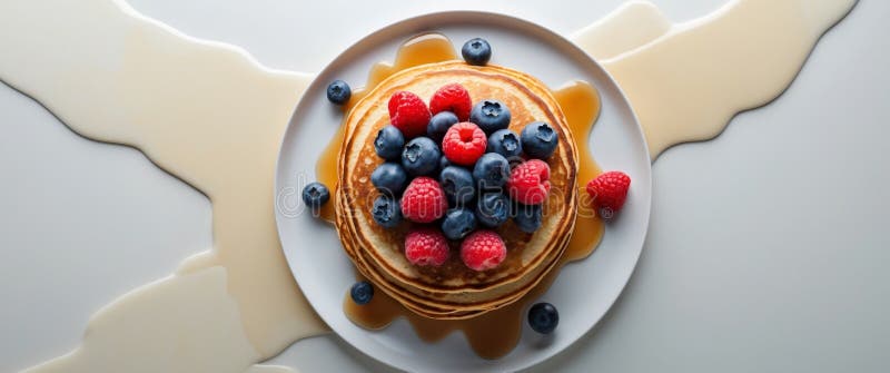 Overhead View of Pancakes with Berries and Dripping Syrup Stock Photo ...