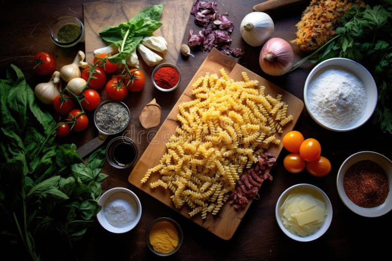 Overhead View of Pasta Ingredients on Countertop Stock Illustration ...