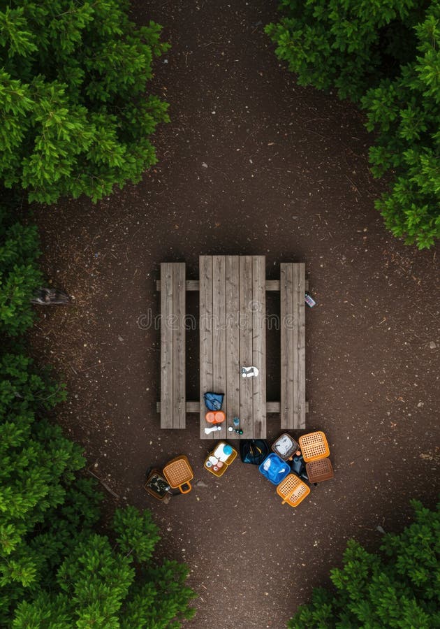 Overhead View of Picnic Table in Forest Stock Illustration ...