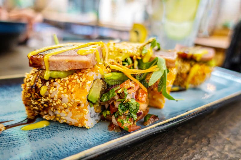 Overhead View of Platter of Sushi Rolls Stock Photo - Image of asia ...