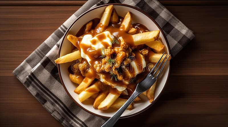 Overhead View of Poutine in Bowl with Forks Generative AI Stock ...