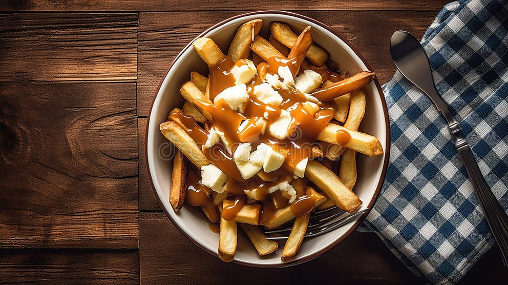Overhead View of Poutine in Bowl with Forks Generative AI Stock ...