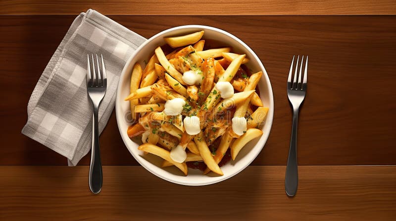 Overhead View of Poutine in Bowl with Forks Generative AI Stock ...