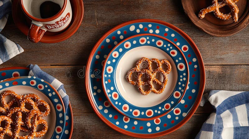 Overhead View of Pretzels on Rustic Blue and Red Patterned Plates Stock ...