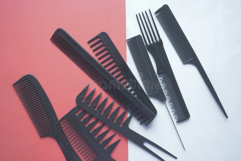 Overhead View of Professional Combs on Color Background Stock Image ...