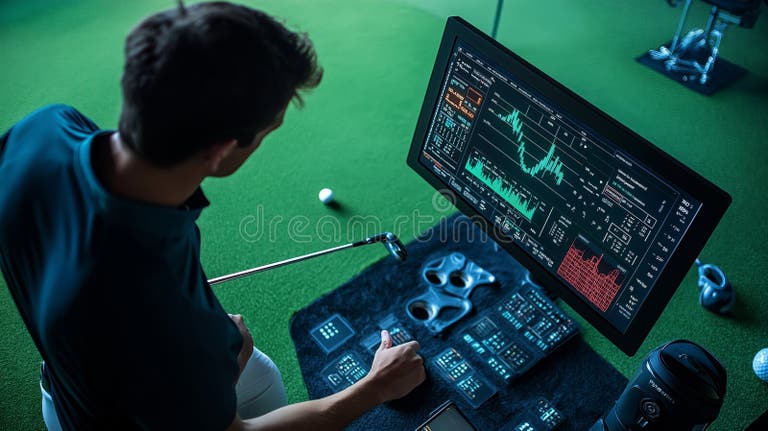 Overhead View of a Professional Golfer Analyzing Performance Data on a ...