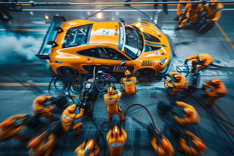 Overhead View of a Professional Pit Crew in a High Speed Race Stock ...