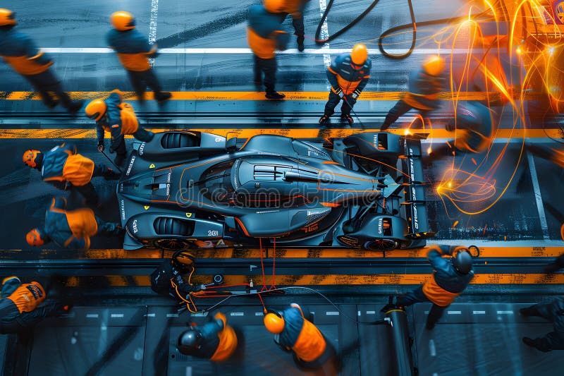 Overhead View of a Professional Pit Crew in a High Speed Race Stock ...