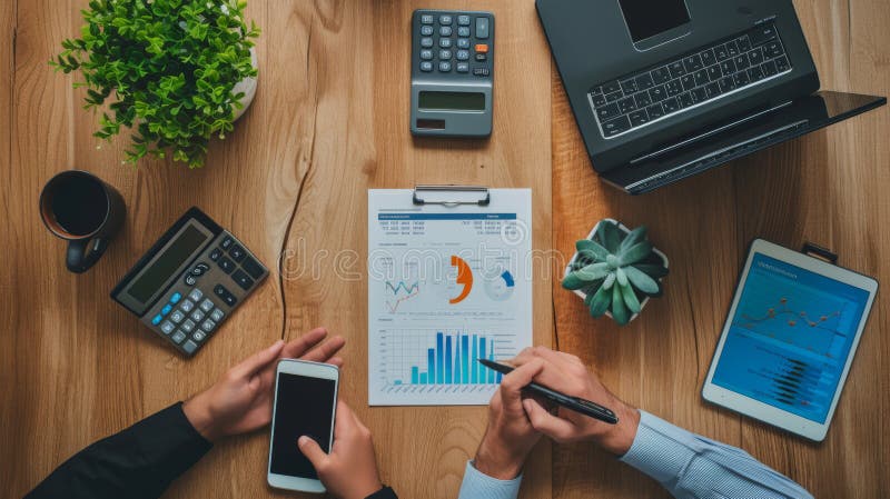 An Overhead View of a Professional Workspace during a Business Meeting ...