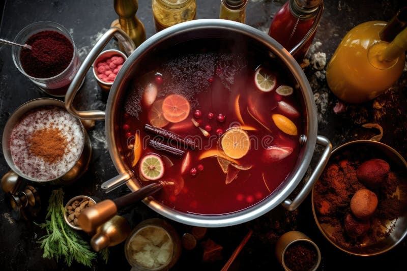 Overhead View of Punch Ingredients and Mixing Process Stock Image ...