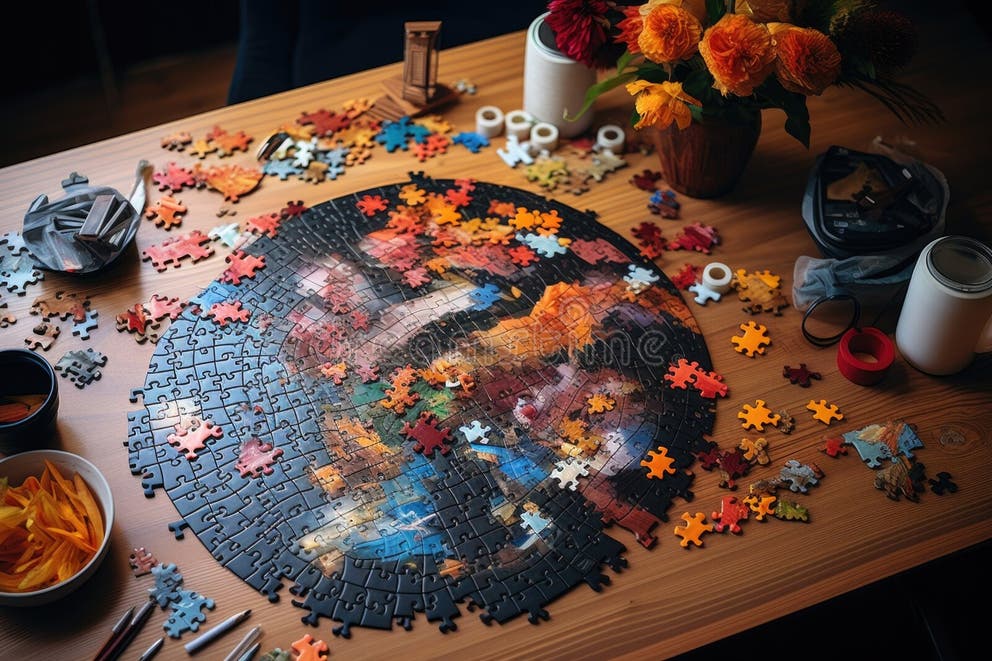 Overhead View of Puzzle-in-progress on a Table Stock Illustration - Illustration of ...