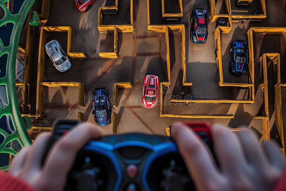 Overhead View of Rc Cars Navigating a Maze, Controller in View Stock ...