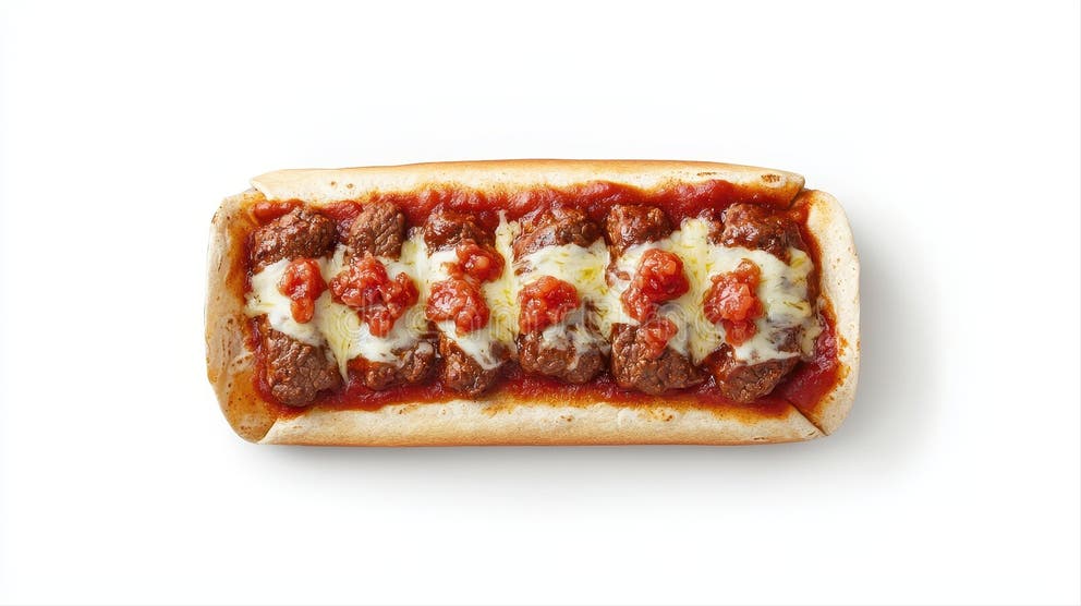 Overhead View of Rectangular Sub Roll Filled with Meatballs, Marinara ...