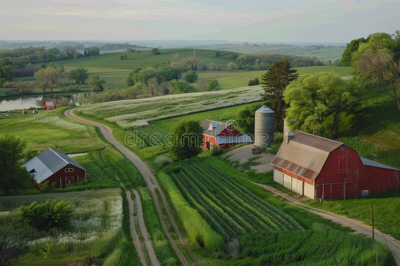 An Overhead View of the Red Barn Farm and the American Countryside ...