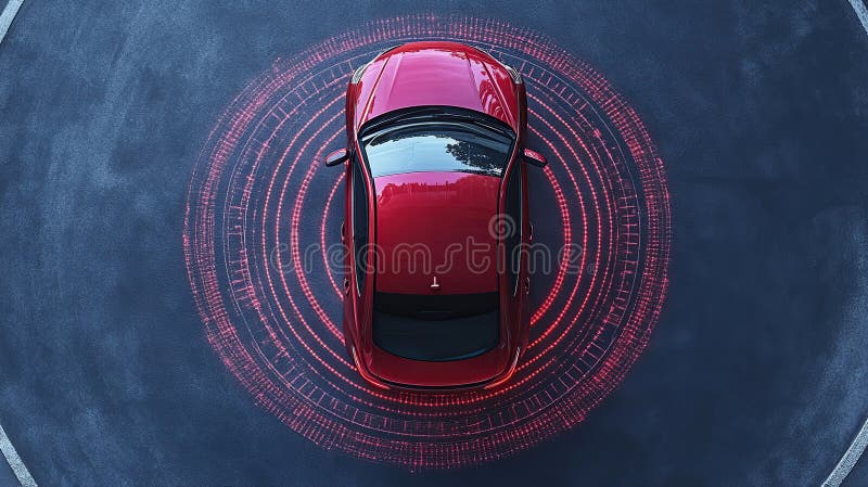 Overhead View of Red Car on Dark Surface with Red Digital Circular ...