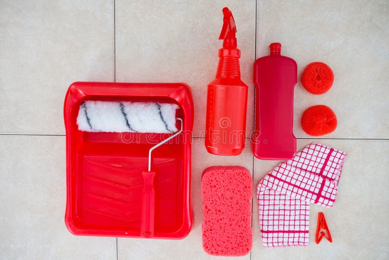 Overhead View of Red Cleaning Products Stock Image - Image of clean ...