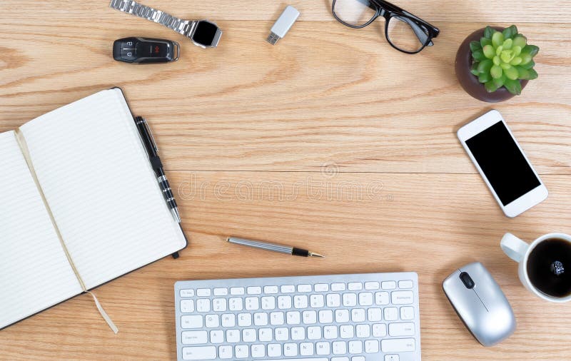 Overhead View of Red Oak Desktop with Wireless Technology in Cir Stock ...