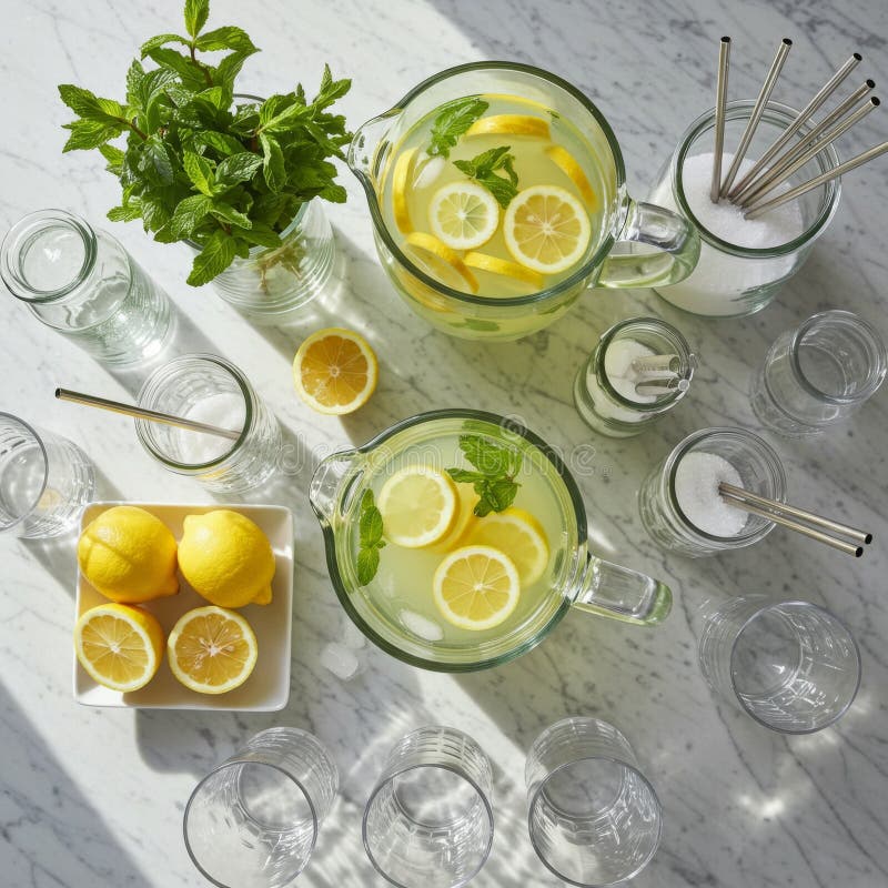 Overhead View of Refreshing Lemonade with Mint and Lemon Stock ...