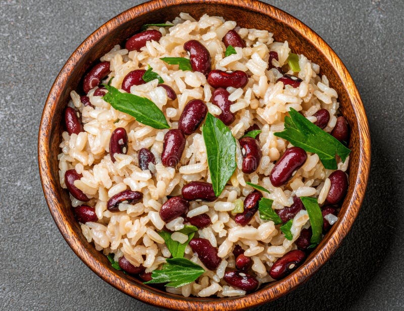 Overhead View of Rice and Kidney Beans in a Wooden Bowl. Stock ...