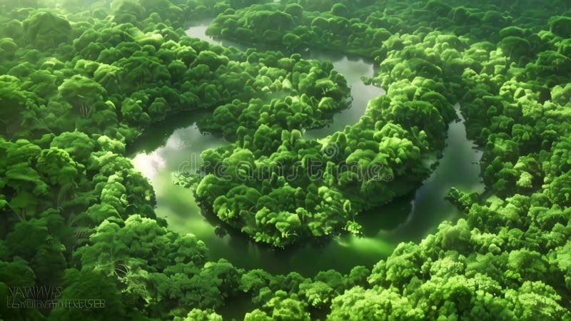 Overhead View of River Winding through Dense Forest with Trees Lining ...