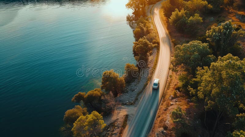 Overhead View of a Road Trip through a Serene Lakeside Route Stock ...