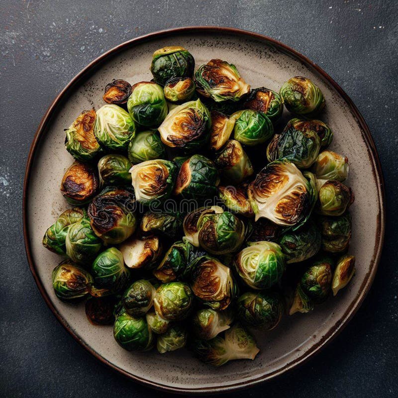 Overhead View of Roasted Brussels Sprouts Served on a Plate Stock ...