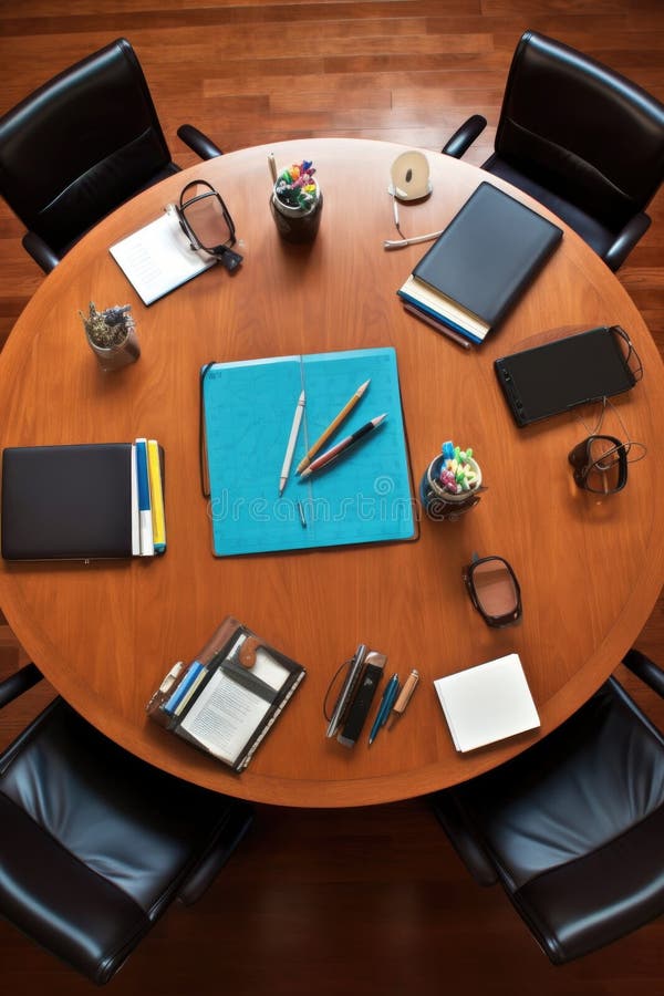 Overhead View of a Round Conference Table with Notepads, Pens, and ...