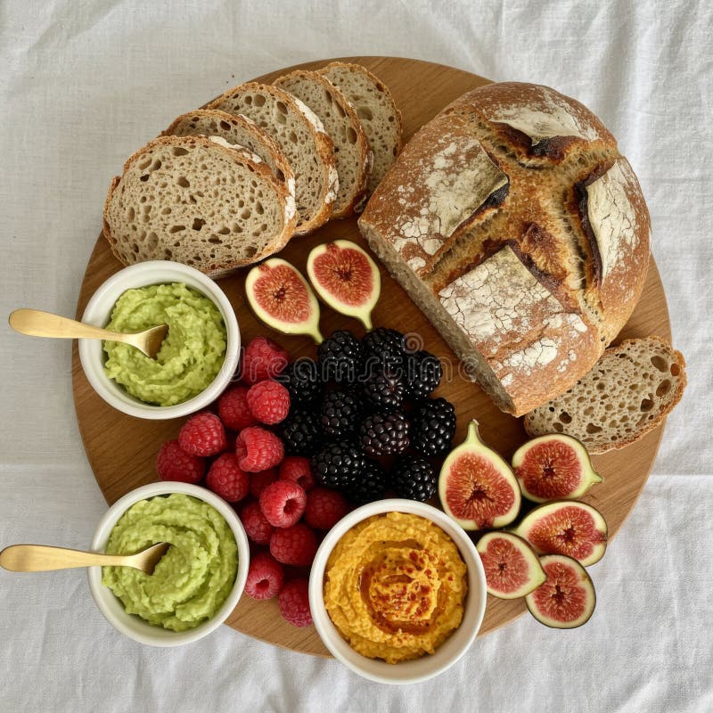 Overhead View of Rustic Bread Board with Dips, Figs and Berries Stock ...