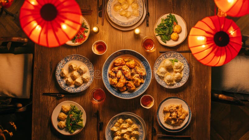Overhead View of Rustic Chinese Dining Table with Traditional Dishes ...