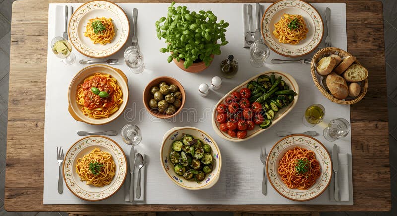Delicious Italian Dinner Table Setting with Pasta Dishes and Grilled ...